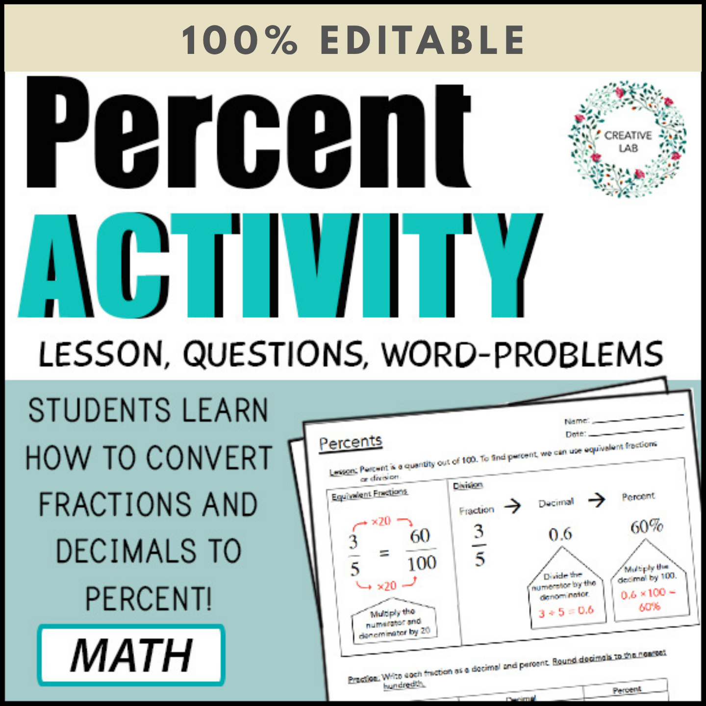 Percents / Percentage - Proportions Equivalent Fractions 6th Grade 100 ...